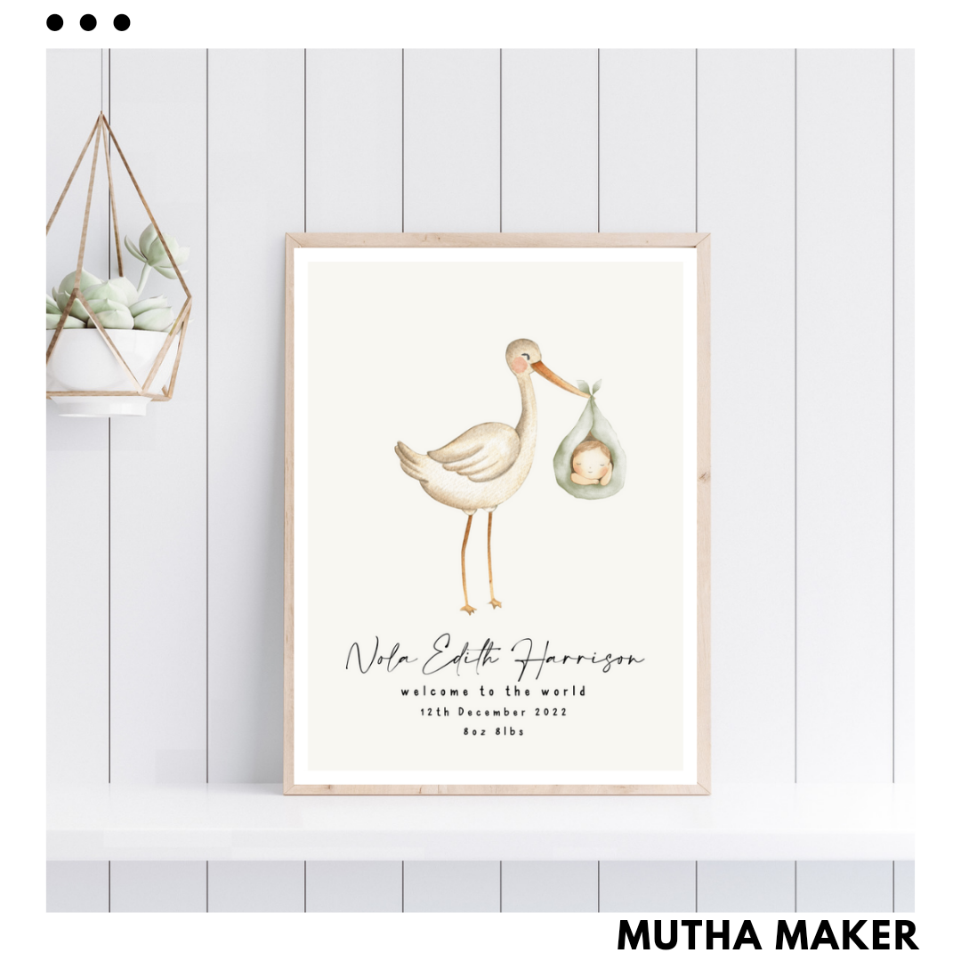 Stork New Baby Arrival Print. – Mutha Maker